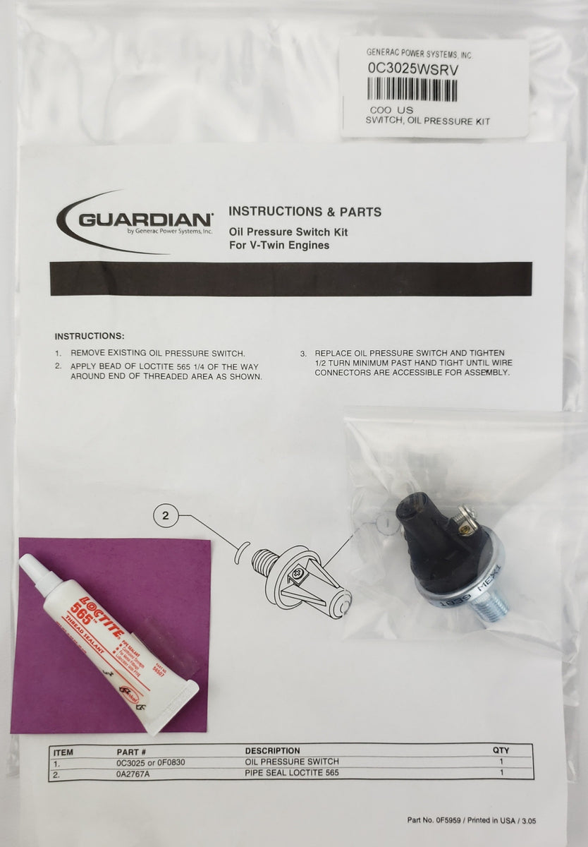 Generac 0C30250SRV Ultra Source Oil Pressure Switch Kit 10PSI Replaces ...
